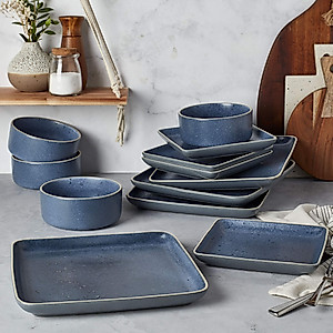 Tabletops Gallery Madison Fashion Dinnerware Collection- Square Contemporary Modern Reactive Glaze Dinner Salad Plate Bowl 4 Place Setting, 12 Piece Madison Dinnerware set in Speckled Blue