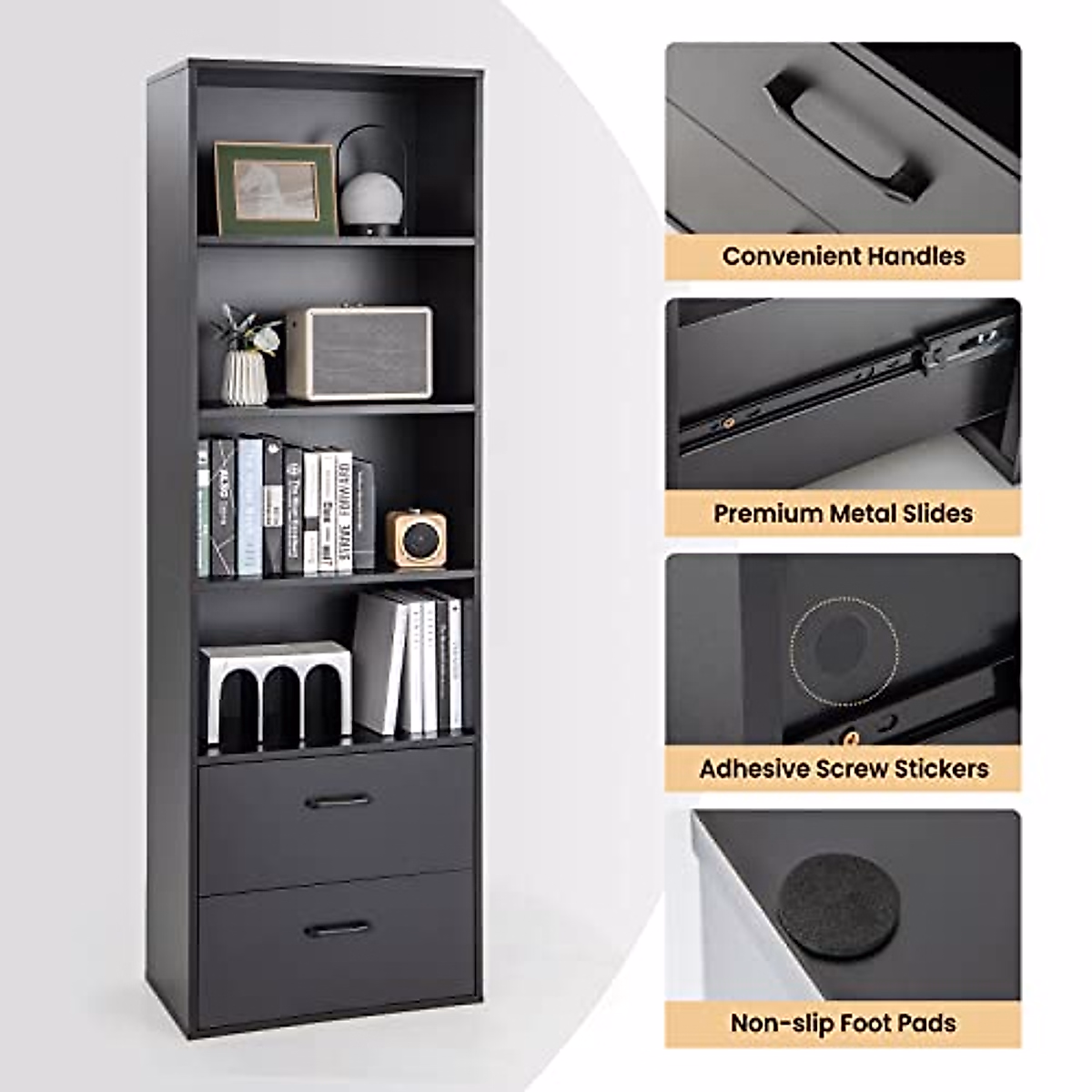 JIMUOO 74’’ Tall Bookshelf with Drawers, 4 Shelf Bookcase with Storage Cabinet, 4 Tier Wooden Book Display Shelf Storage Organizer for Bedroom Office Home Living Room