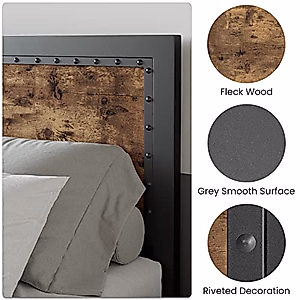 SHA CERLIN Grey Metal Bed Frame Queen/Industrial Wooden Platform Bed with Rivet Headboard/No Box Spring Needed