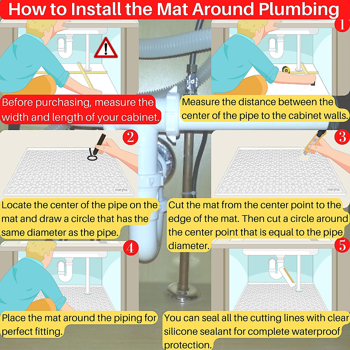 maryha Under Sink Mat for Kitchen Cabinet - Waterproof Silicone Proctor Tray for Leaks, Drips, Spills - Flexible Shelf Liner with Raised Edge and Drain Hole for Kitchen, Bathroom - 34" x 22" White
