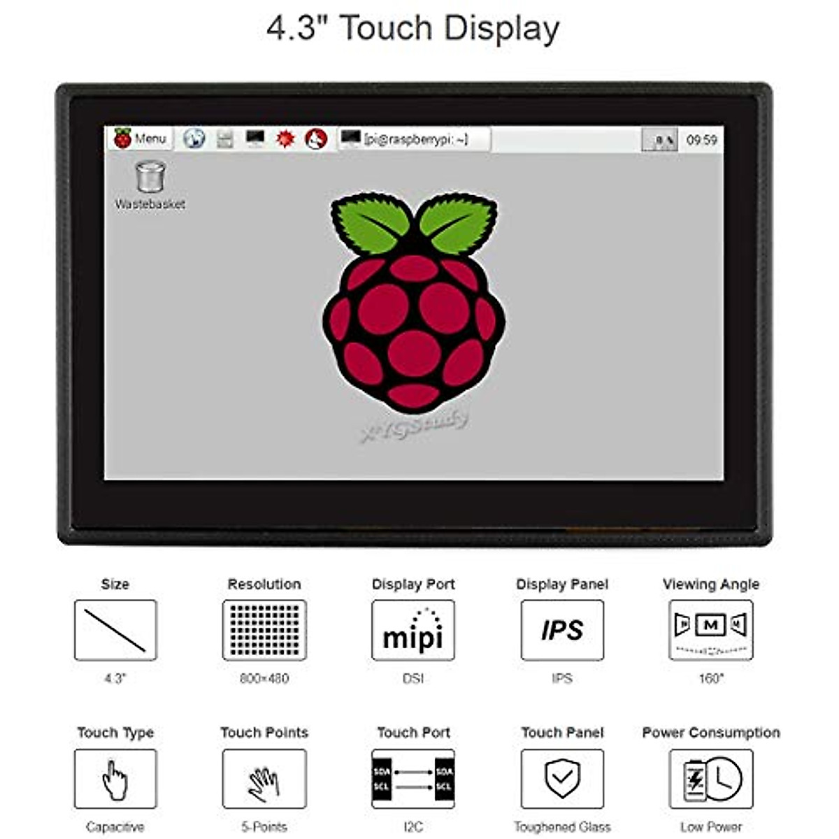 XYGStudy 4.3inch Capacitive Touch Display LCD for Raspberry Pi 4, with Protection Case Cooling Fan Screen Resolution 800×480 IPS Wide Angle MIPI DSI Interface, Supports Pi 4B Driver Free