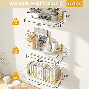 SRIWATANA 2+1 Floating Shelves for Wall, Bathroom Shelves Over Toilet with Metal Bar, Wall Shelves with Storage Wire Basket, Wood Shelves for Bedroom, Living Room, Kitchen (White & Gold)