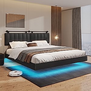 Hasuit Floating Bed Frame King Size with LED Light, Modern King Platform Bed with Vegan Leather Upholstered Headboard, No Box Spring Needed, Noise Free, Easy Assembly