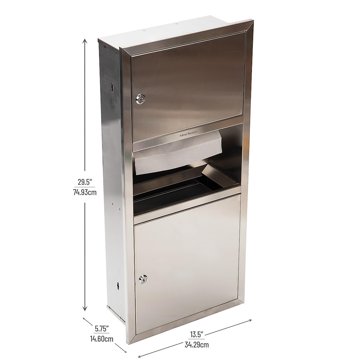 Mind Reader Paper Towel Dispenser and Trash Can, Wall-Mounted, Bathroom, Stainless Steel, 13.5" L x 29.5" H x 5.75" D, Silver