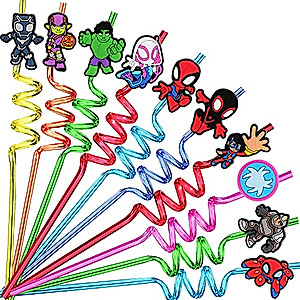 25pcs Spider Party Favors Reusable Drinking Straws, 10 Designs Amazing Friends Birthday Party Supplies with 2 Cleaning Brush