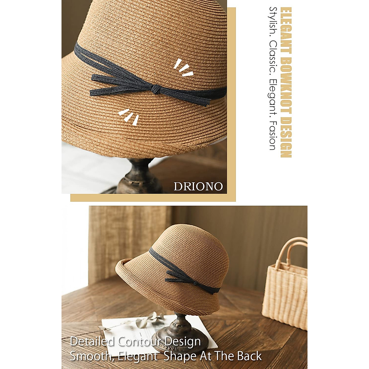 DRIONO Straw Hat - Women Style Fashion Summer Cloche Beach Fedora Trilby Hat Panama Sun Hat (Beige)