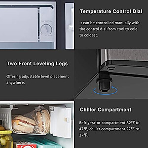 Walsh WSR17S5 Compact Refrigerator, 1.7 Cu.Ft Single Door Fridge, Adjustable Mechanical Thermostat with Chiller, Reversible Doors, Stainless Steel Look