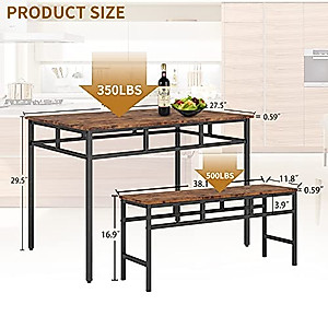 CALABASH Dining Room Table Set with 2 Benches, Industrial 3 Piece Dining Set for Home, Kitchen, Apartment and Small Space,Rustic Brown and Black Metal Frame