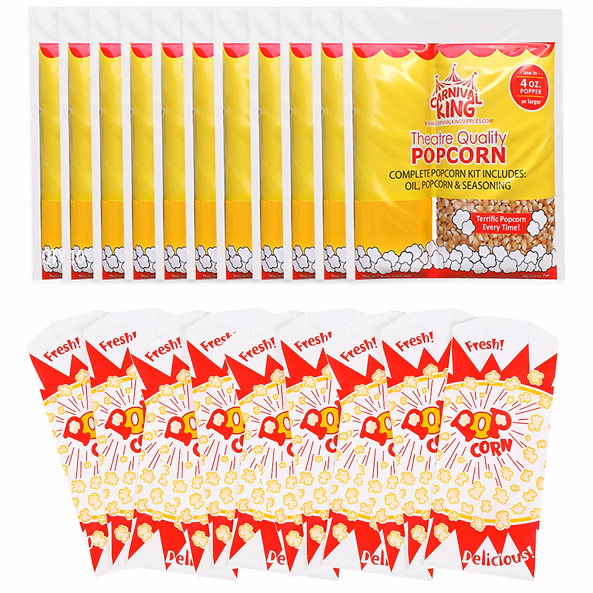 Popcorn Machine Supplies Set Refill, 10 Bags Of Popcorn Kernels Kit (Large Butterfly Kernels, Salt Seasoning, and Popcorn Oil), 200 Popcorn Bags (1 oz. Paper)