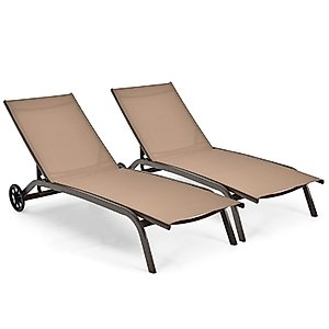 Giantex Patio Lounge Chairs for Pool Area, Outdoor Chaise Lounger with 6 Adjustable Position Smooth Wheels and Quick-Drying Fabric, Lawn Recliner for Backyard, Garden Sunbathing Chair (2, Brown)