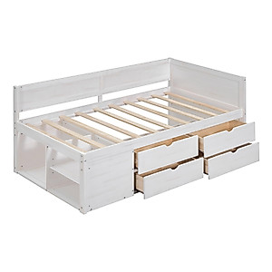 Brisca Twin Size Daybed with Four Drawers and Three Shelves,Multifunction Solid Wood Storage Bed Frame,W/Wooden Slates Support,for Kids Teens,Boys & Girls,No Box Spring Needed,White