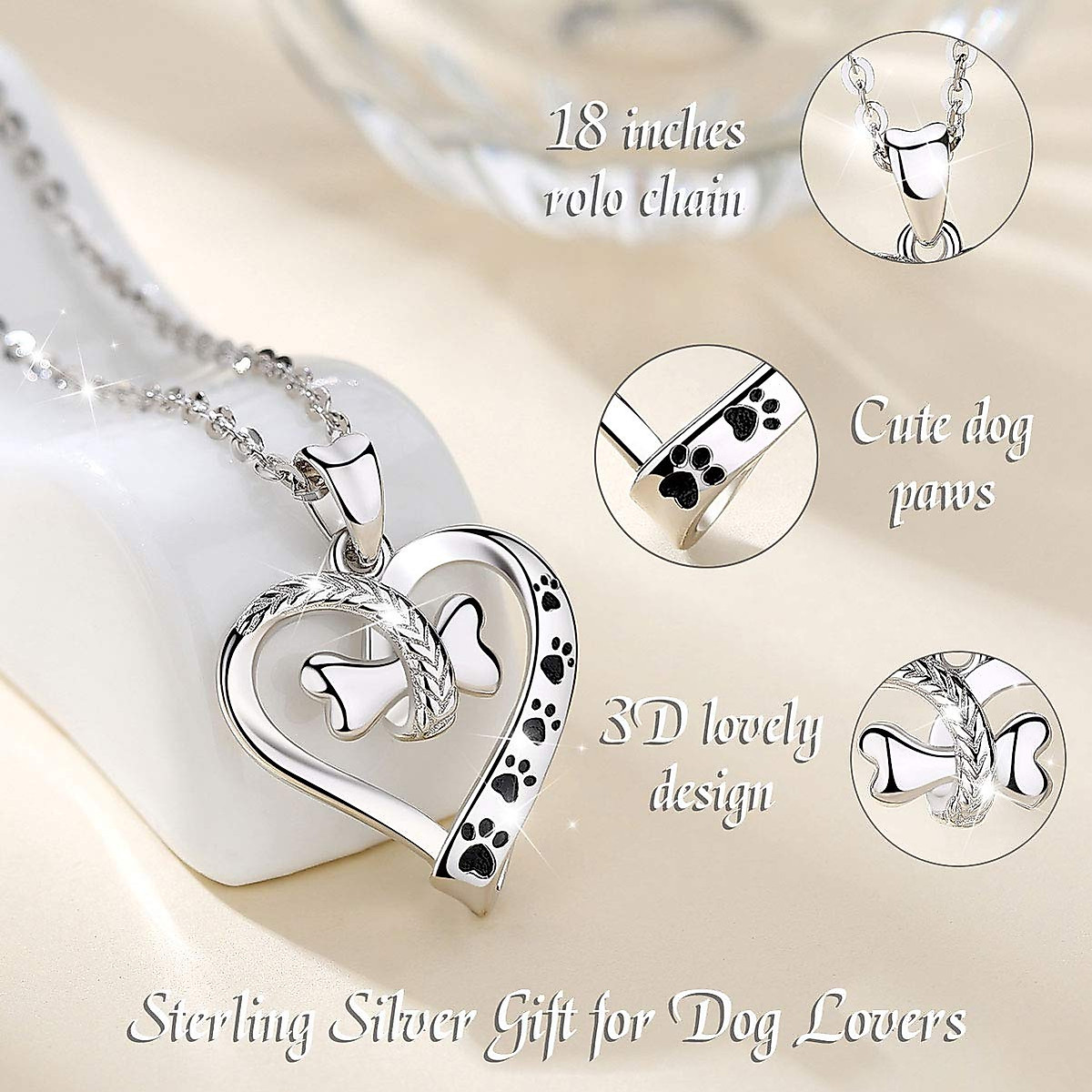 EUDORA 925 Sterling Silver Necklace Cute Dog Paws with Bone, Heart Shape Pendant 18", Gift for Dog Owner
