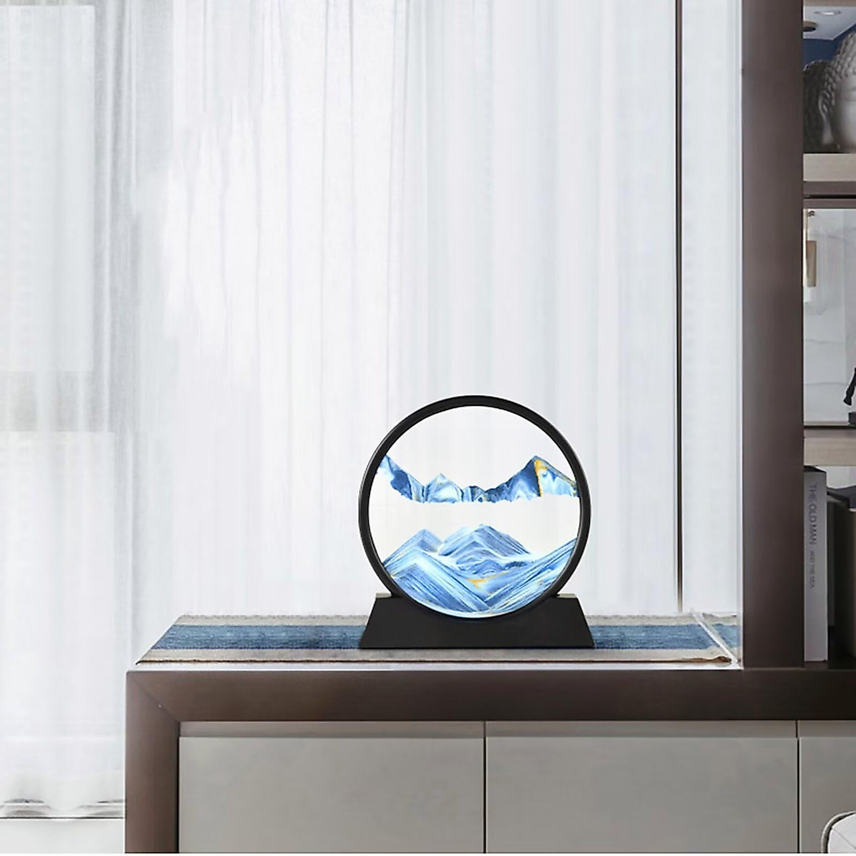 MUNSCVUS Moving Sand Art Picture in Motion, Round Tempered Glass 3D Deep Sea Sandscapes with Display Flowing Sand Frame for Relaxing Desktop Home Office Work Décor for Kids Adults (Blue, 12inch)