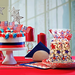 100 Pieces Patriotic Celllo Treat Bags Labor Day Goodie Bag Blue Red USA Star Candy Bag Independence Day 4th of July Cellophane Plastic Bag with 100 Silver Twist Tie for American Party Supplies Gift