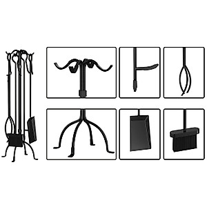 Fire Beauty 5-Piece Fireplace Tools Set, Heavy Duty Wrought Iron Fire Place Toolset, Black
