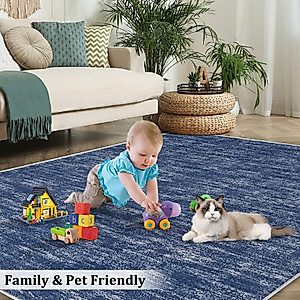 Zacoo Washable Rug for Living Room 4x4 Round Rug Solid Blue Rug Modern Carpet Non Skid Rug Distressed Area Rug for Bedroom Nursery Dorm Home Office, Blue