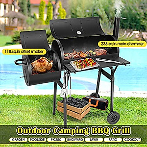 Barrel Charcoal Grill with Offset Smoker, HaSteeL Outdoor BBQ Grill Set of 15, Large Camping Grill for Patio Backyard Garden Smoking Barbecue, Grill Cover, Spatula, Tong, Brush, Fork, Carrying Bag