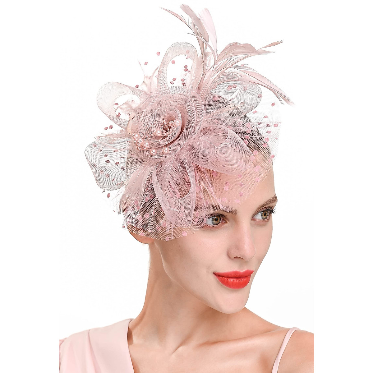 Zivyes Blush Pink Fascinators Hat for Women Tea Party Headband Kentucky Derby Wedding Cocktail Flower Mesh Feathers Hair Clip