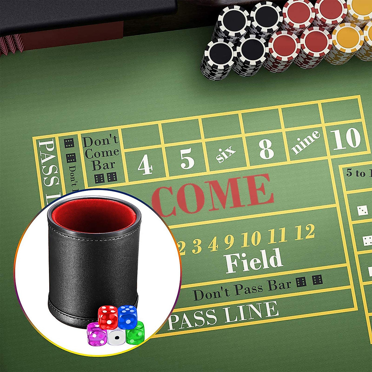 6 Pieces Dice Cup PU Leather Felt Lining Quiet Shaker with 30 Dices Compatible with Craps Backgammon Game (Black)