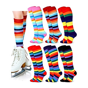 Unittype 6 Pair Rainbow Knee High Socks for Women Colorful Striped Socks Long Thigh High Stockings Tube Socks Roller Skate Socks for Adults Gift