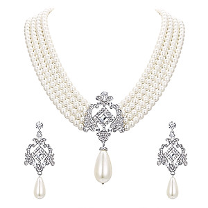 EVER FAITH 1920s Gatsby Jewelry Set for Party, Crystal 4 Layers Simulated Pearl Vintage Inspired Chandelier Necklace Earrings Sets for Woman
