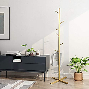 Jolitac Modern Metal Coat Rack in Gold Free Standing 7 Hooks Hall Tree in Corner, Hat Hanger & Coat Racks Stand Entryway Organizer for Clothes, Bags, Umbrella (Golden)