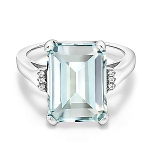 Gem Stone King 6.71 Cttw Sky Blue Simulated Aquamarine Engagement Ring For Women In 925 Sterling Silver | Emerald Cut 14X10MM | Available In Size 5, 6, 7, 8, 9