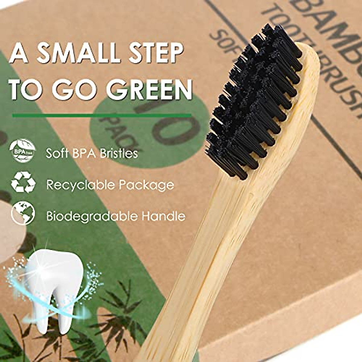 Miresico Bamboo Toothbrushes (10 Piece), BPA Free Toothbrush Medium Soft Bristles Bamboo, Eco-Friendly, Natural, Green Tooth Brushes, Biodegradable, Compostable & Organic Charcoal Wooden Tooth Brush