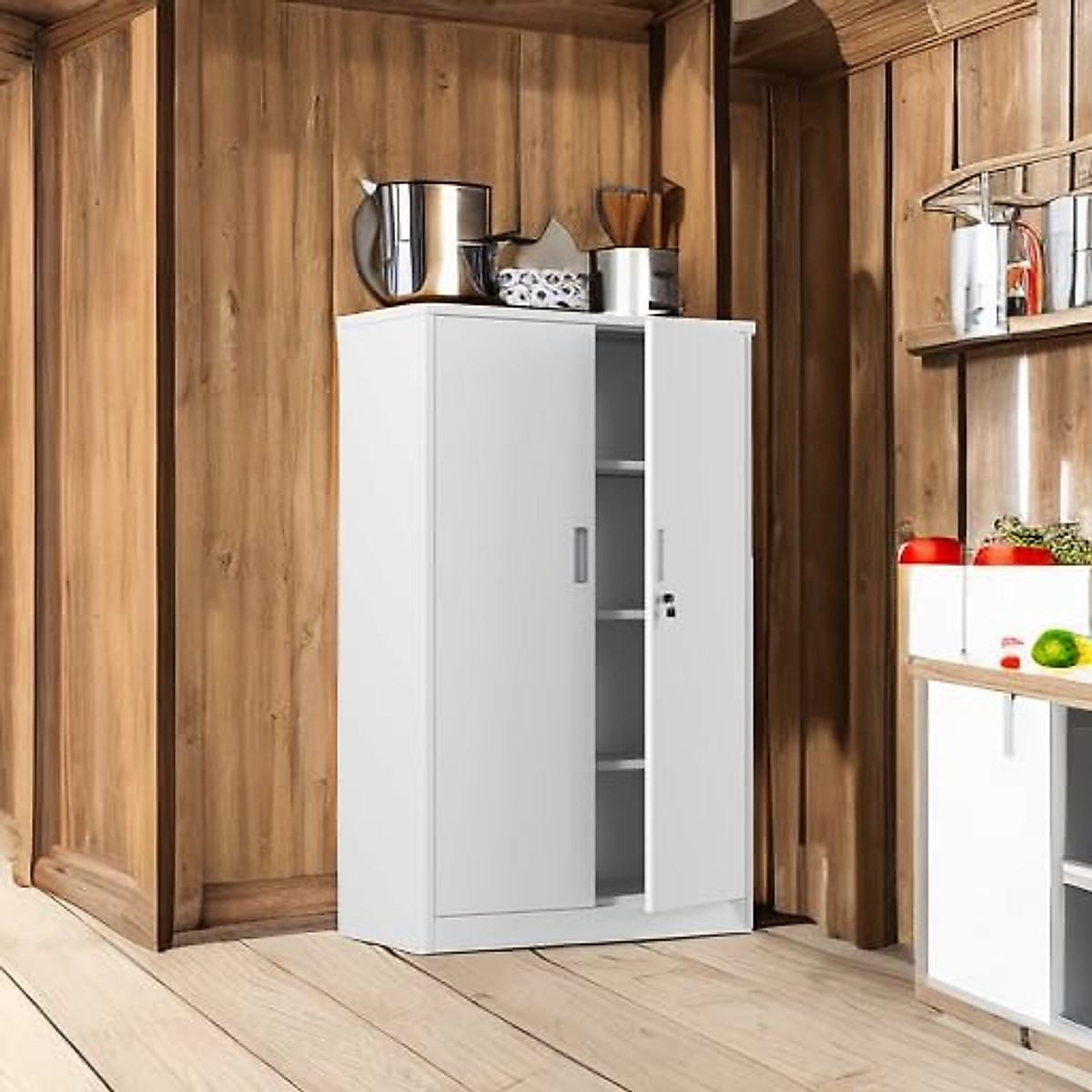 JINKUR Metal Storage Cabinet with Locking Doors and 3 Adjustable Shelves, 53.5-Inch Lockable Storage Cabinets for Home Office Garage Kitchen Pantry (White)