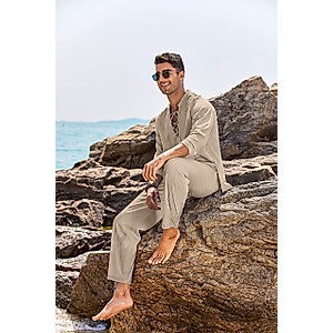 COOFANDY Men's 2 Piece Linen Set Long Sleeve Henley Shirts Casual Beach Pants With Pockets Summer Yoga Outfits
