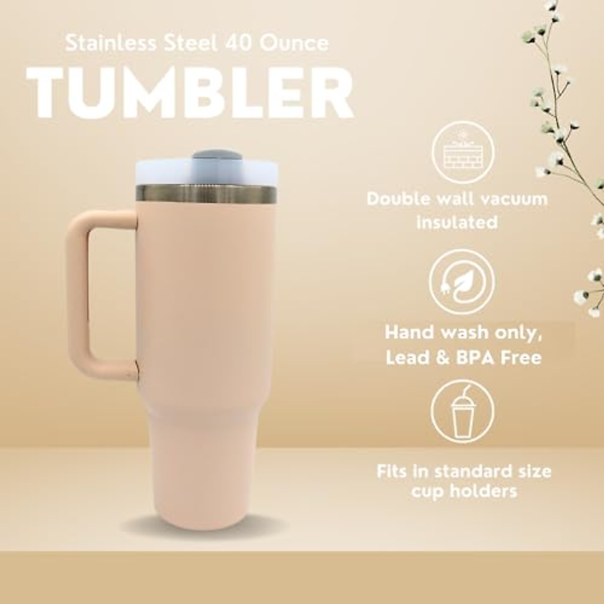 DUPE 40 oz Insulated Tumbler with Handle & Straw Lid – Stainless Steel Vacuum Insulated Water Bottle, BPA-Free, Travel Mug, Cupholder Friendly, Modern Gift for Women & Men (Rose Quartz)