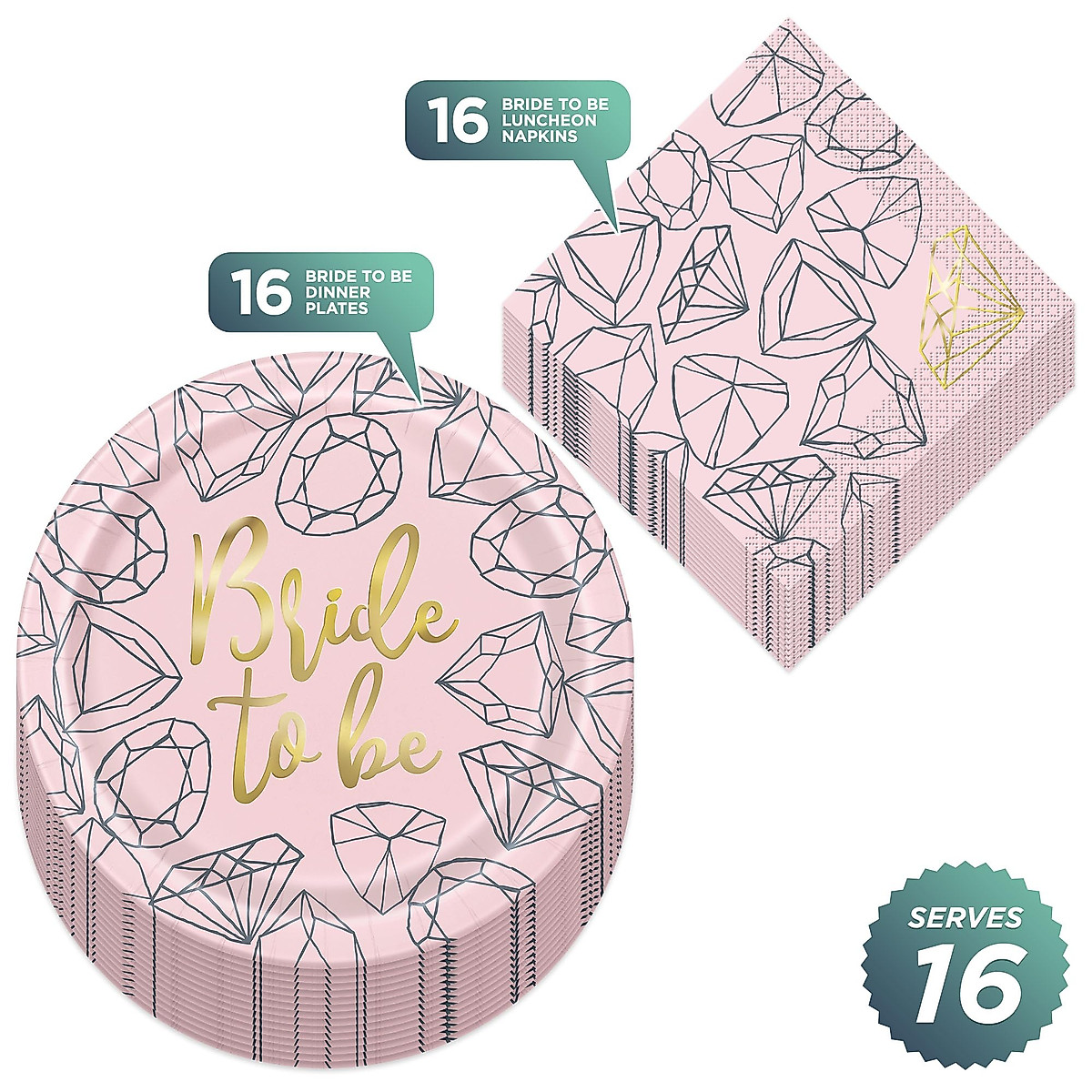 HOME & HOOPLA Pink & Gold Diamond Bride To Be Paper Dinner Plates and Luncheon Napkins (Serves 16)