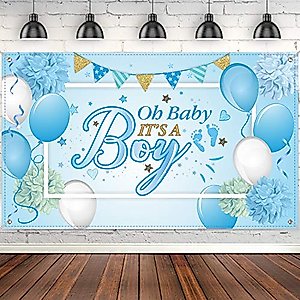 Blulu Baby Shower Party Backdrop Decorations, Large Durable Fabric Made Baby Shower Banner Backdrop Photo Booth Background for Boy's or Girl's Baby Shower Party Supplies (Boy Style)