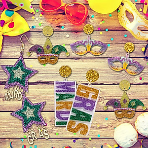 Mardi Gras Earrings for Women Acrylic Mardi Gras Dangle Earrings Letter MARDI GRAS Jester Hat Mask Star Earrings Fleur De Lis Earrings Carnival Fat Tuesday Earrings Holiday Gift (4Pairs)