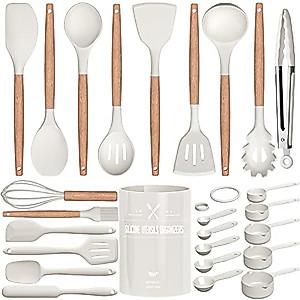 Kitchen Utensils Set, 26 Pcs Non-Stick Silicone Cooking Utensils Spatula Set with Holder, Sturdy Wooden Handle, Heat Resistance Silicone Kitchen Gadgets Utensils Set, White