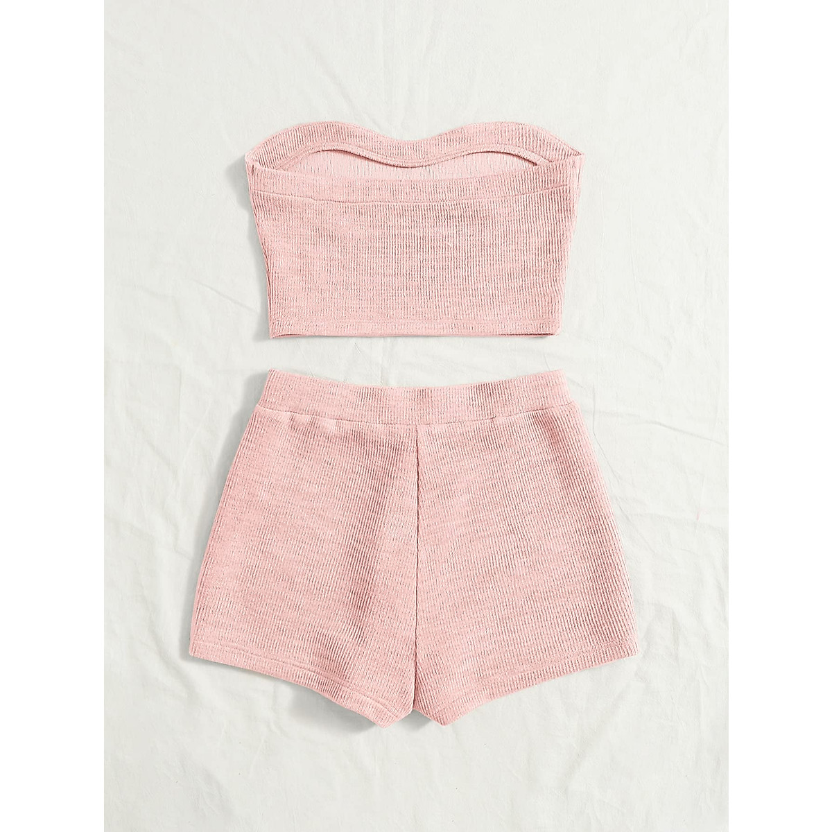 Verdusa Women's 2 Piece Outfit Ribbed Crop Bandeau Tube Top and Biker Track Shorts Sets Light Pink XS