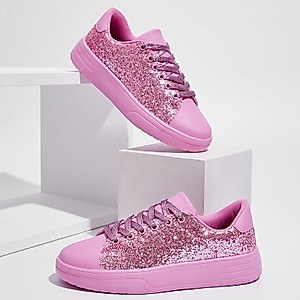 Women's Glitter Sneakers Shiny Sequin Tennis Rhinestone Bling Fashion Sneaker Sparkly Walking Casual Lace Up Shoes Pink