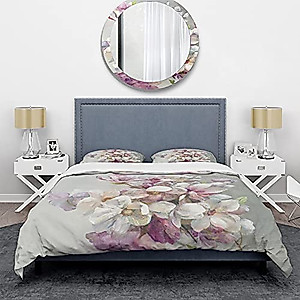 DesignQ Pink Magnolia Flowers Shabby Chic Duvet Cover Set, Grey Duvet Cover Set Queen, Floral Bedding Set of 3 Pieces, All Season Shabby Chic Bedding Sets Queen