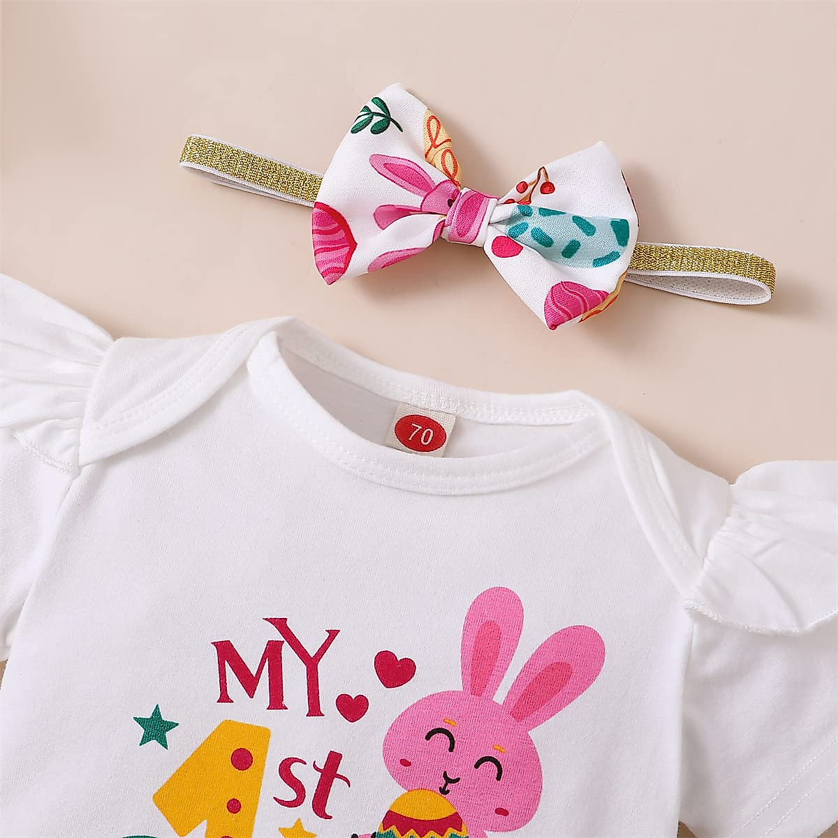 Vedext Baby Girl Easter Outfits Short Sleeve Rabbit Romper Bodysuit+ Bunny Suspender Skirt +Bunny Headband Newborn Girl Easter Clothes (Rabbit White, 0-3 Months)