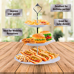 3 Tier Serving Tray Stand – Round Cupcake Dessert Party Platter with Bonus Serving Metal Tongs – Three Tiered Food Holder Display for Weddings, Tea Parties, Birthdays or Holiday Dinners
