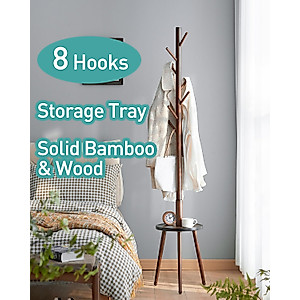 Vriccc Coat Rack Freestanding, Bamboo Coat Stand with Disc, Adjustable Height Wooden Coat Tree with 8 Hooks, kids coat rack, Used In The Bedroom Living Room, Office To Hang Clothes, Hats, Bags