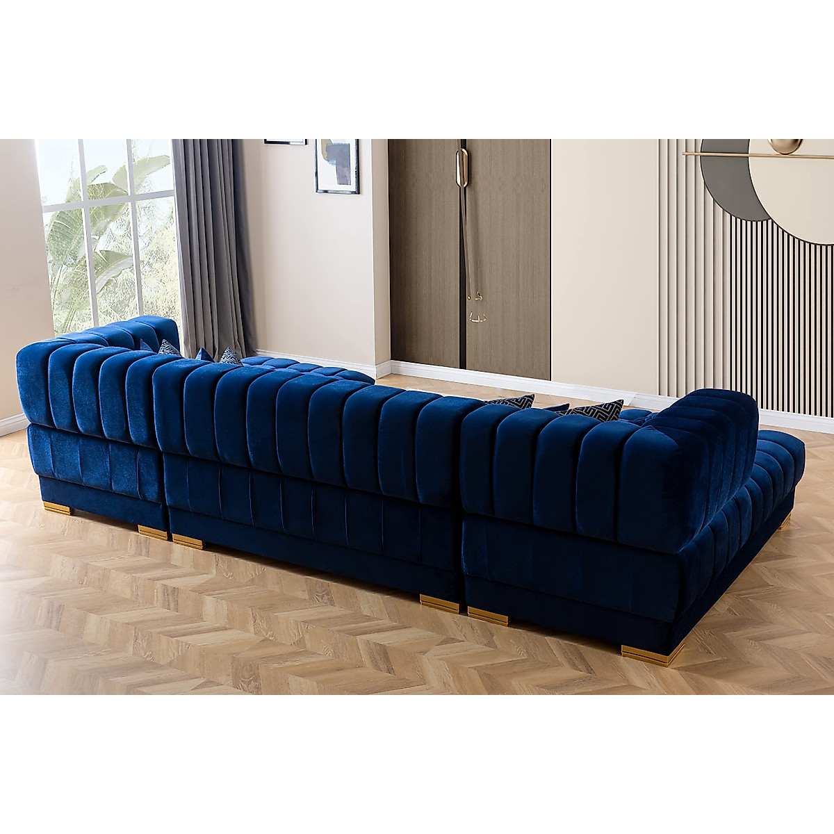 STAFFORA Sectional Sofa, Double Chaise Oversized U Shaped Couch, Ariana 7 Seater Velvet Sofa for Living Room (Blue)