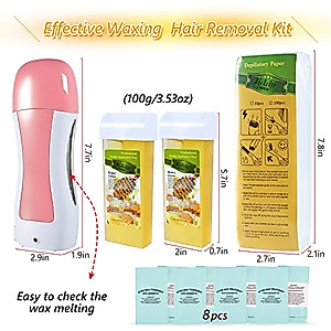 Roll on Wax, Wax Roller Kit for Hair Removal, Honey Roller Waxing Kit Include 2 Honey Soft Wax Cartridge & 100 Non-Woven Wax Strips, Portable Pink Wax Heater Machine for Women & Men, Waxing Roller Kit