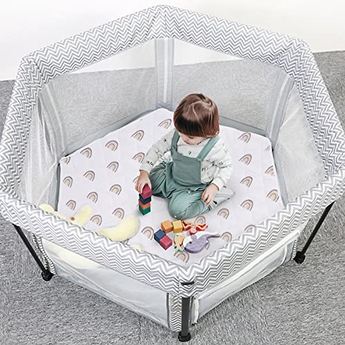 Hexagon Playpen Mat, Baby Floor Mat Fits Regalo Play Yard 6 Panel Playpen and Hiccapop PlayPod, Portable Playpen Mattress,Non Slip, Baby Essentials, Rainbow