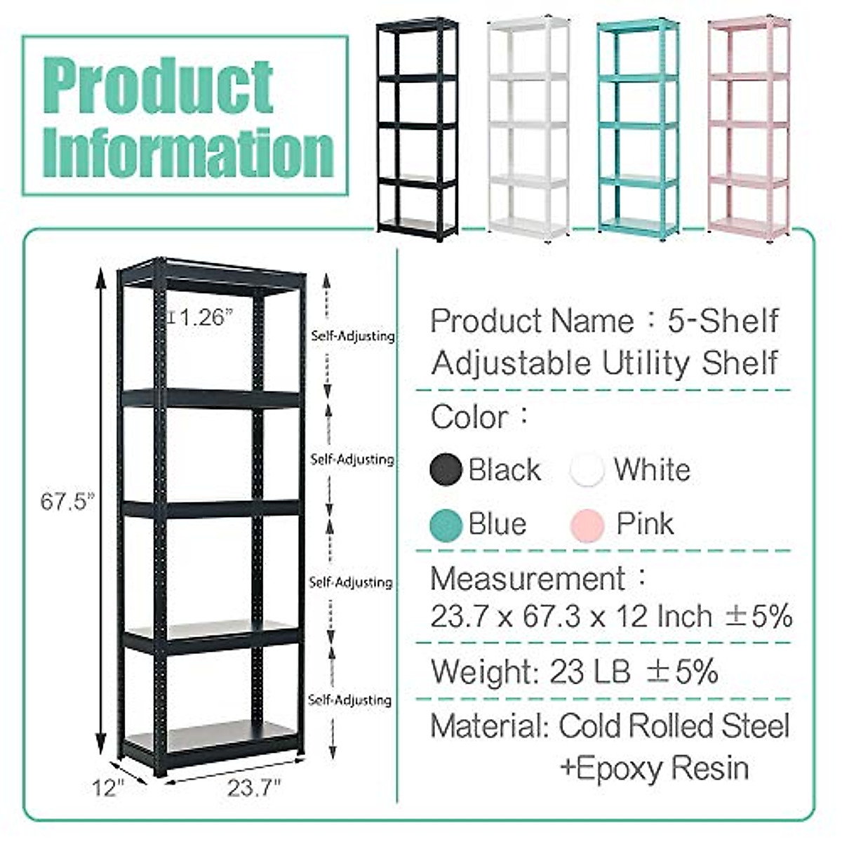 Lomani 5-Shelf Adjustable Utility Shelf, Storage Rack, Organizer Shelf-PK