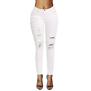 roswear Women's Ripped Mid Rise Destroyed Skinny Jeans White M