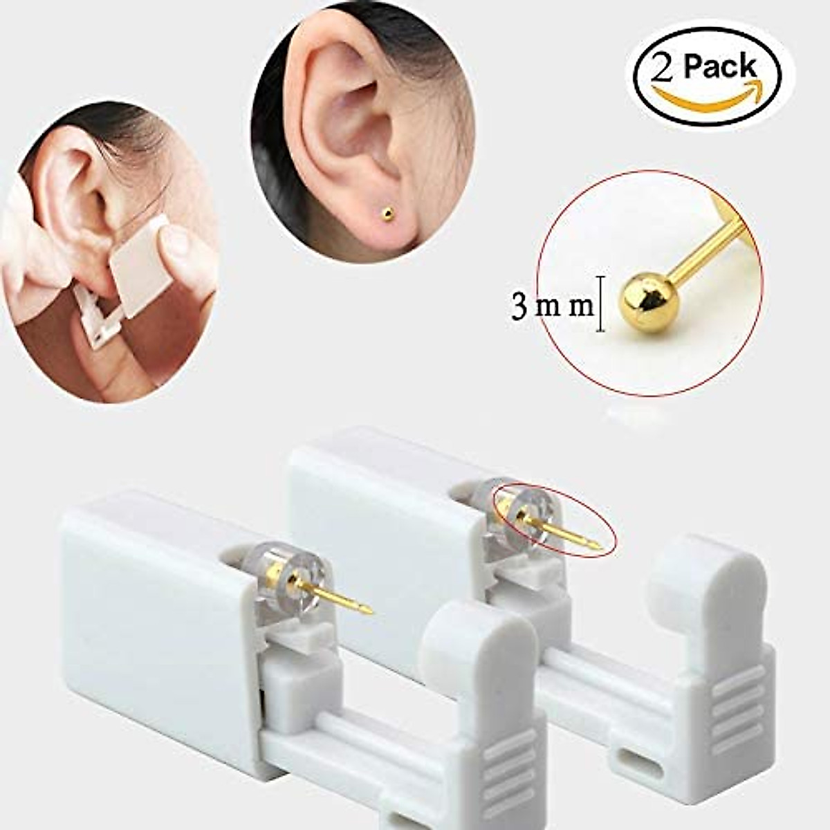 AM RONG MAGIC 2 Pack Self Ear Piercing Gun Earring,Disposable Piercing Kit No Pain Easy Use Ear Piercing Gun Kit Tool with Stud and With Alcohol Pad (3mm Gold Peas) …
