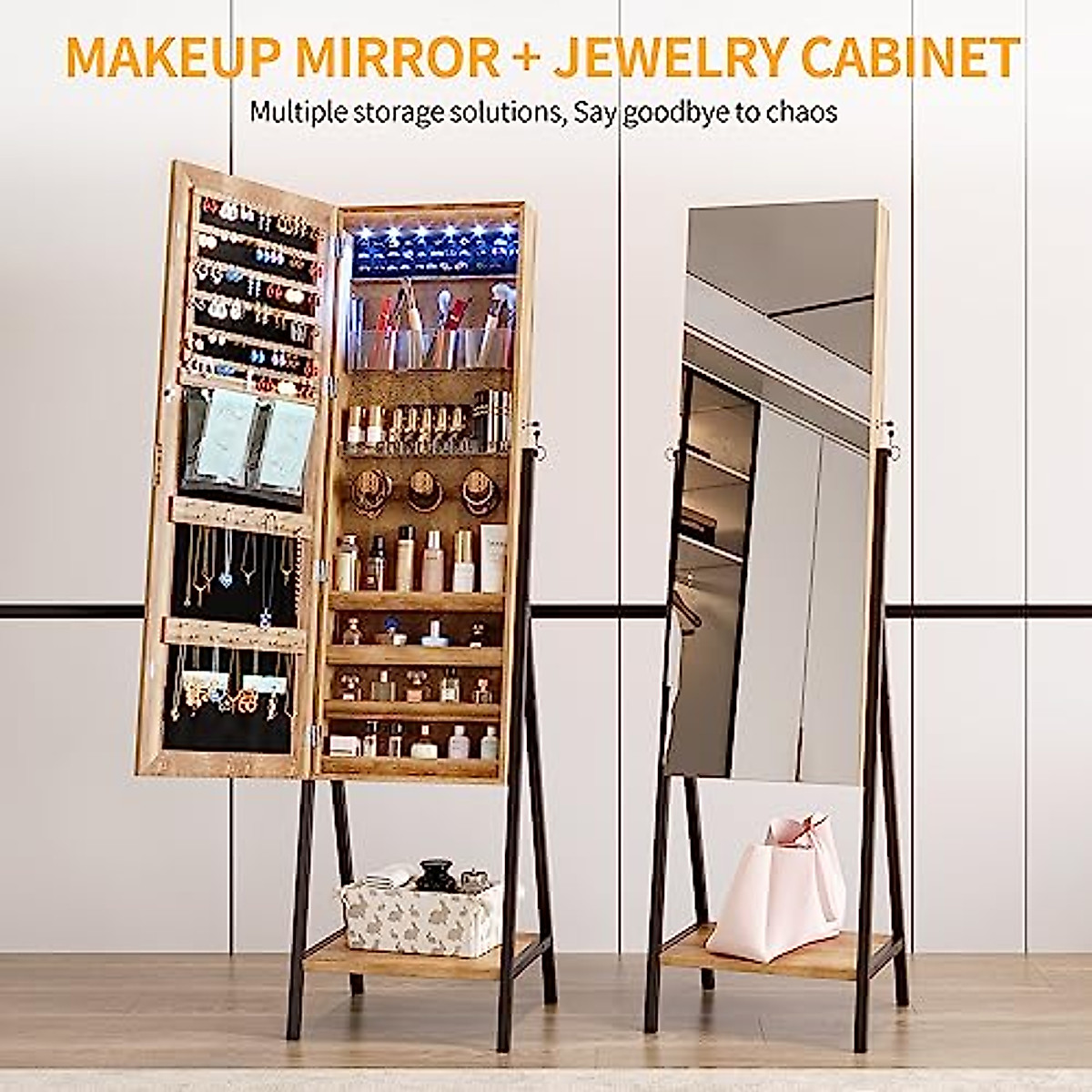 LVSOMT 6 LEDs Freestanding Jewelry Cabinet Armoire with Full-Length Floor Standing Mirror, Lockable Storage Organizer, Dressing Body Mirror, Large Capacity with Cosmetic Bags, Trays, Shelves (Wood)