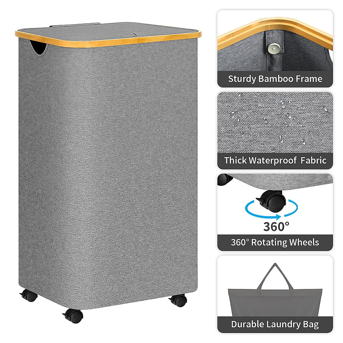 Laundry Hamper with Wheels and Lid, 100L Laundry Hamper on Wheels, Collapsible Storage Dirty Cloth Hamper with Removable Laundry Bag, Clothes Storage Basket with Handles for Home(Gray)