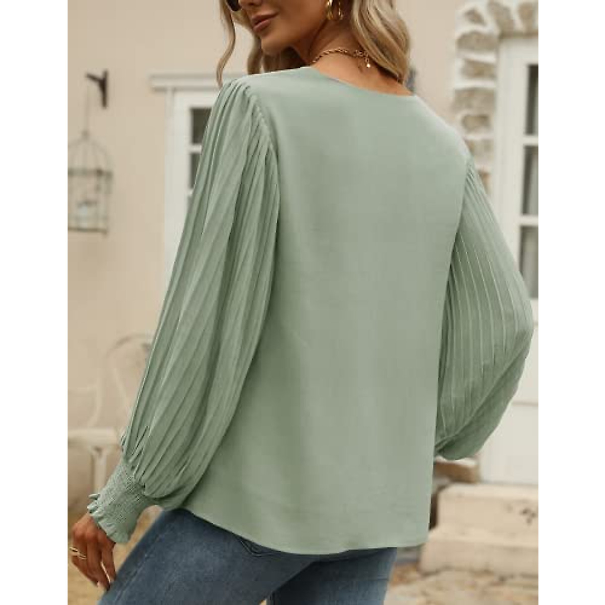 Aifer Women's V-Neck Long Sleeve Blouse - Sage Green, Sexy, Elegant, Classic Pullover Tunic for Work & Casual